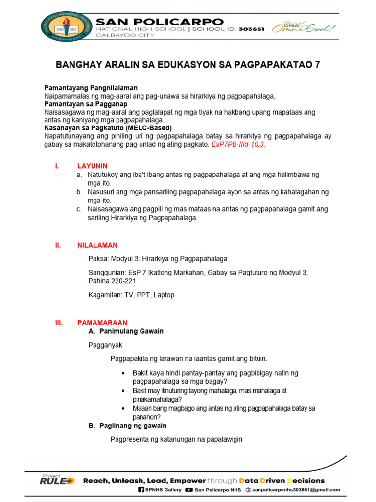 Lesson Plan Q3 Hirarkiya NG Pagpapahalaga | PDF