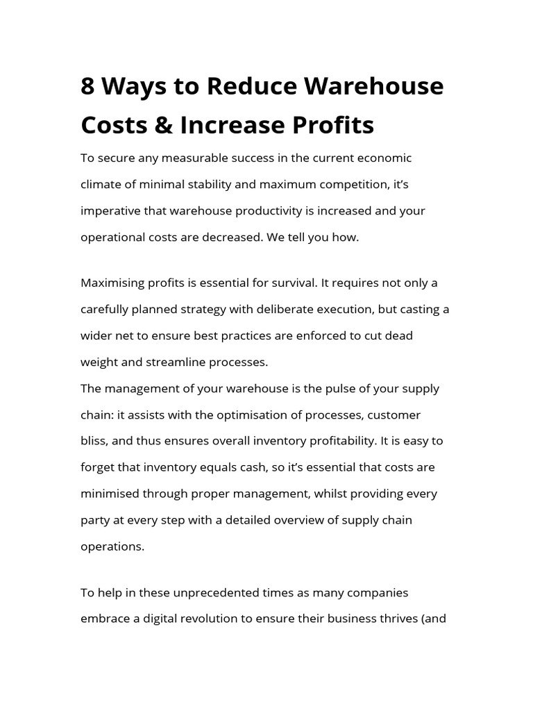 8 Ways To Reduce Warehouse Costs | PDF | Warehouse | Inventory 8 Ways To Reduce Warehouse Costs | PDF | Warehouse | Inventory