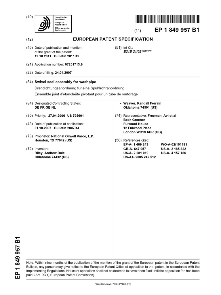 EP1849957B1 Washpipe Kelly Swivel | PDF | Pipe (Fluid Conveyance) | Valve
