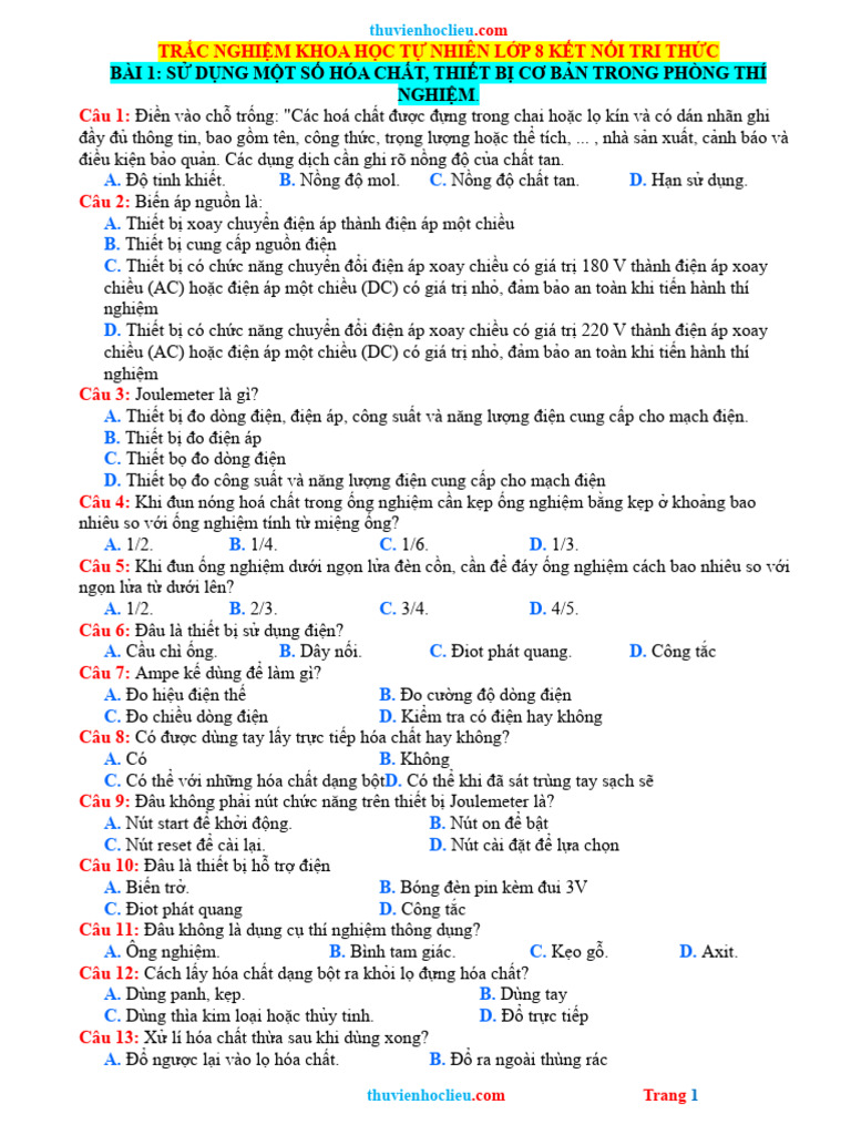 Trac Nghiem KHTN 8 KNTT Bai 1 | PDF