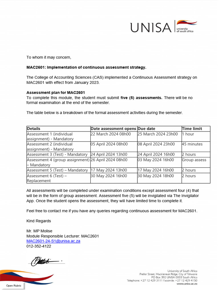 MAC2601 Continuous Assessment Strategy | PDF