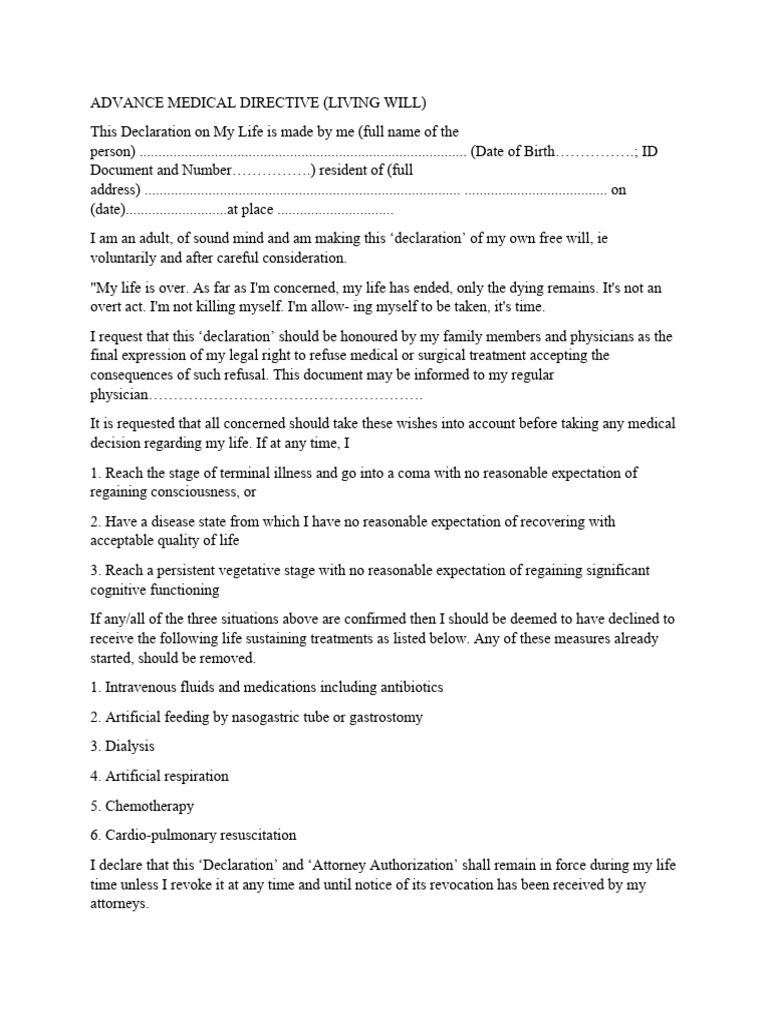 Advance Medical Directive | PDF | Medicine | Clinical Medicine