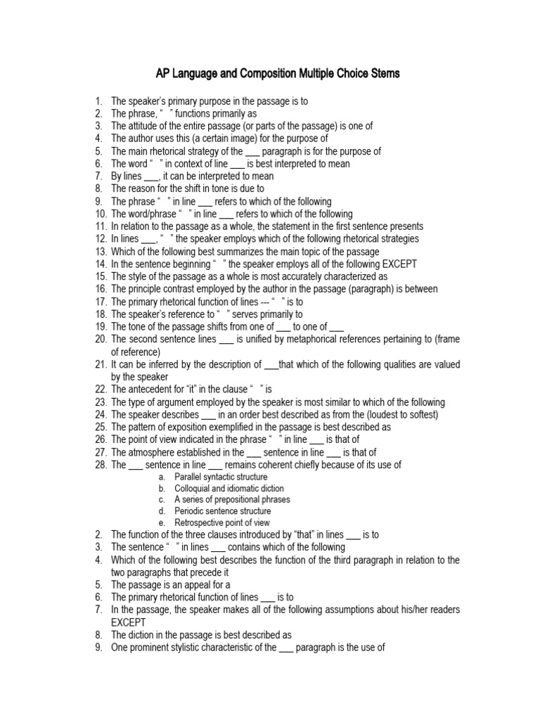 AP Language Composition MC Question Stems | PDF | Sentence (Linguistics ...
