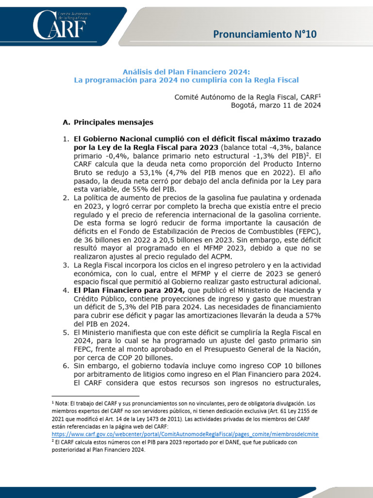 CARF - Comunicado - 120324 | PDF | Balance presupuestario del gobierno ...