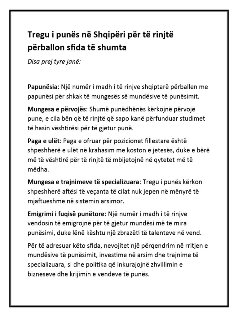 Tregu I Punës Në Shqipëri Për Të Rinjtë Përballon Sfida Të Shumta Pdf