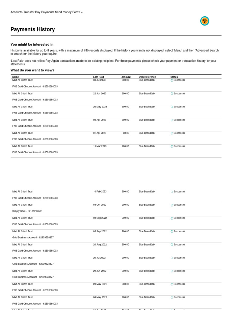 FNB Gold Cheque Account Payments History | PDF | Cheque | Debt