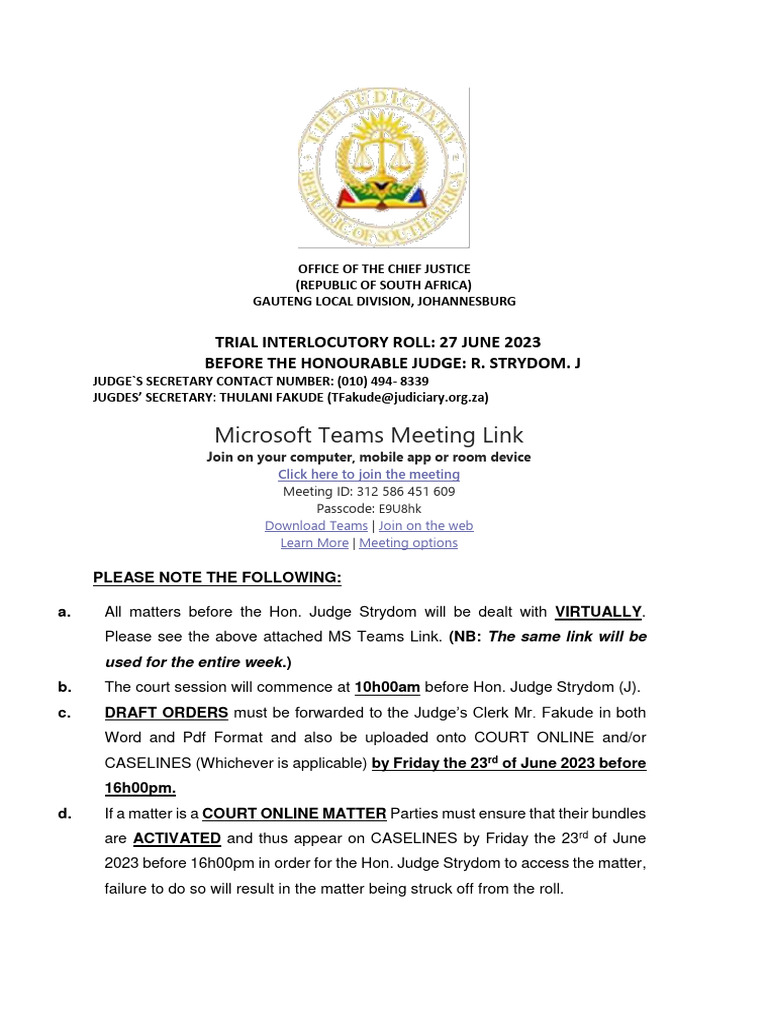 Trial Interlocutory Roll: 27 June 2023 | PDF | Judge | The Honourable