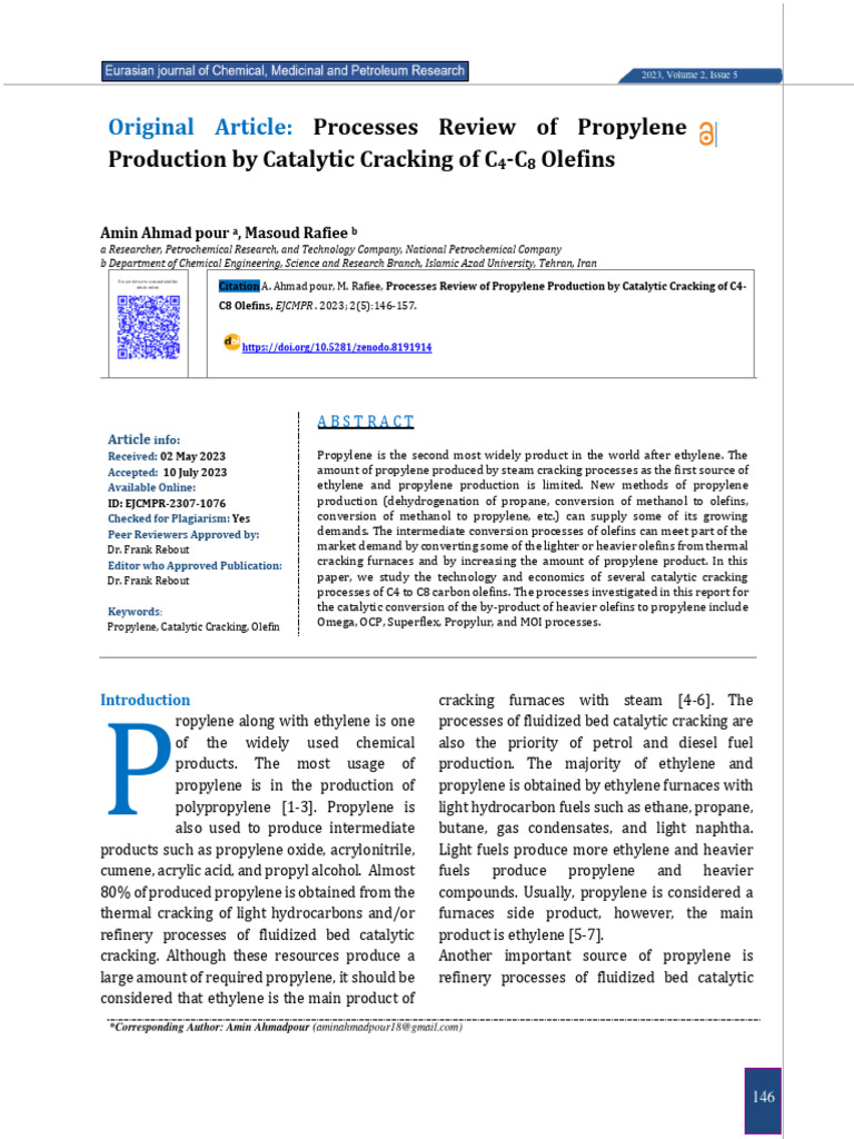 Processes Review of Propylene Production by Catalytic Cracking of C4-C8 ...