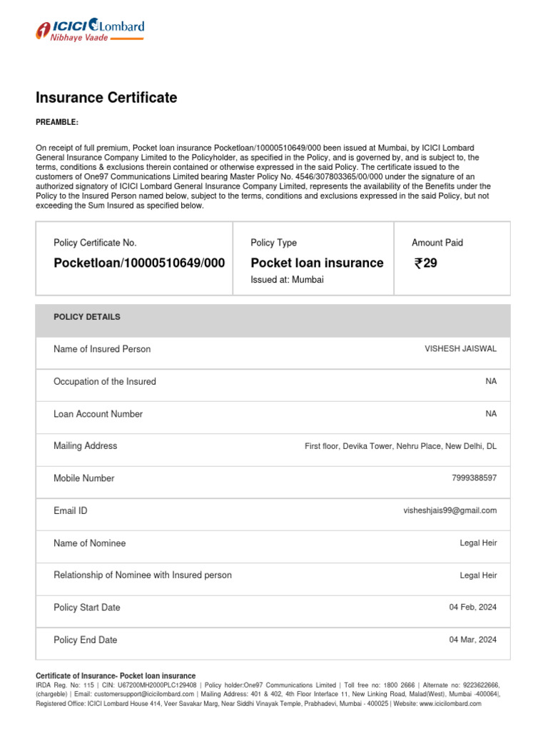 Policy Certificate 18205997585 | PDF | Insurance | Unemployment