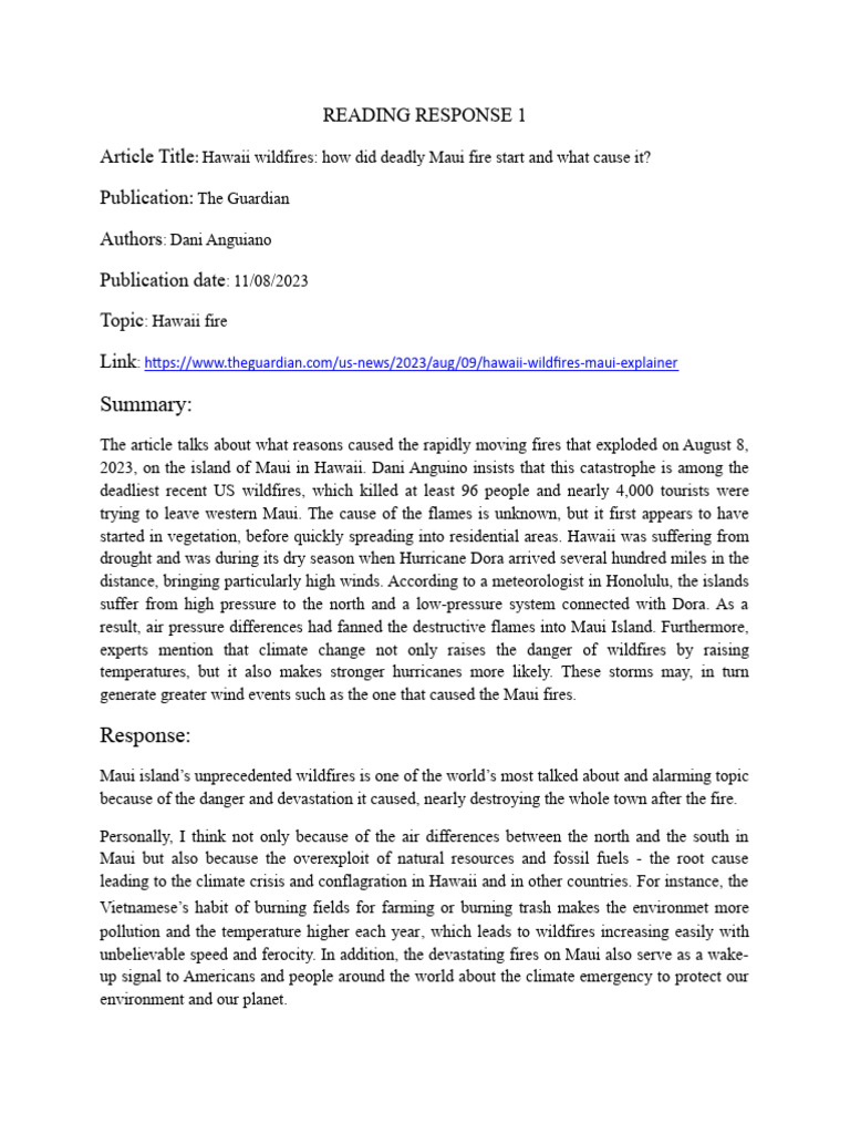Reading Response 1 | PDF | Wildfire | Natural Environment