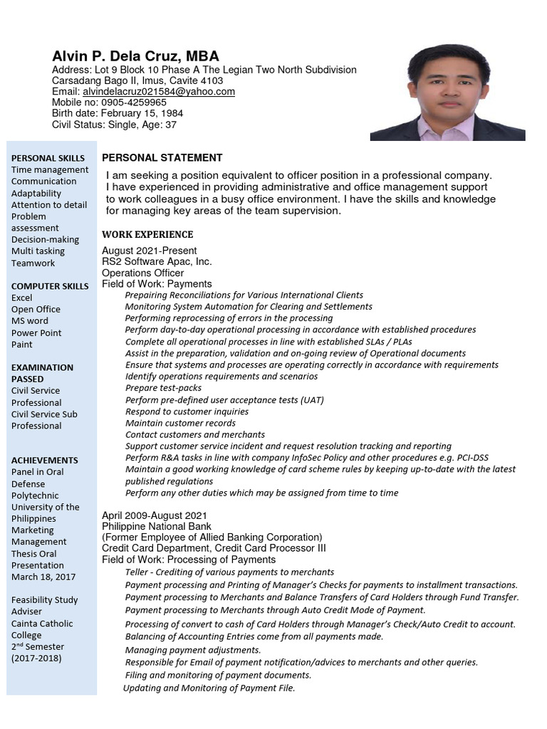 Alvin P. Dela Cruz - Resume (Curriculum Vitae) | PDF | Cheque | Credit Card