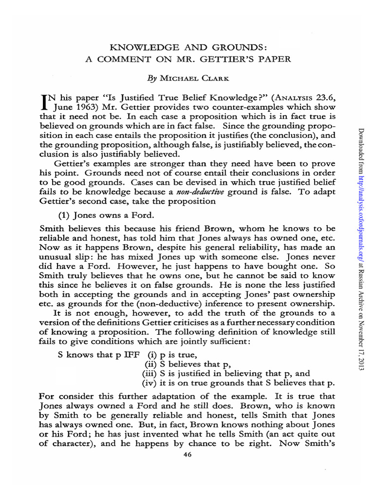 Gettier Problem: True Belief Analysis | PDF | Knowledge | Cognition