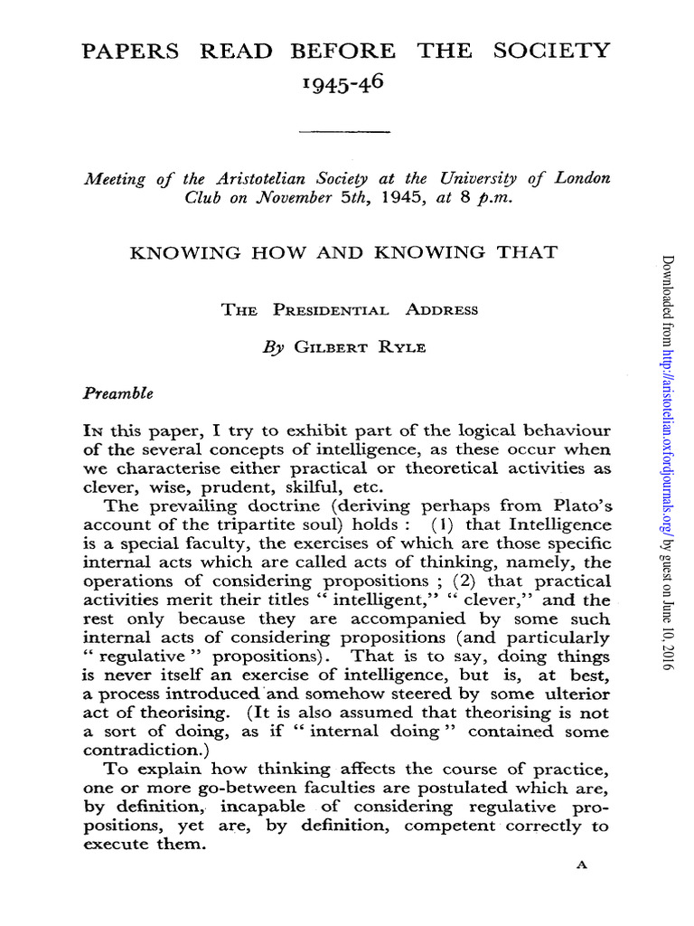1) Ryle-Knowing How and Knowing That | PDF | Logic | Reason