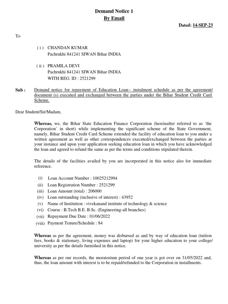Demandnotice Chandan Kumar 2521299 63518 | PDF | Loans | Student Loan