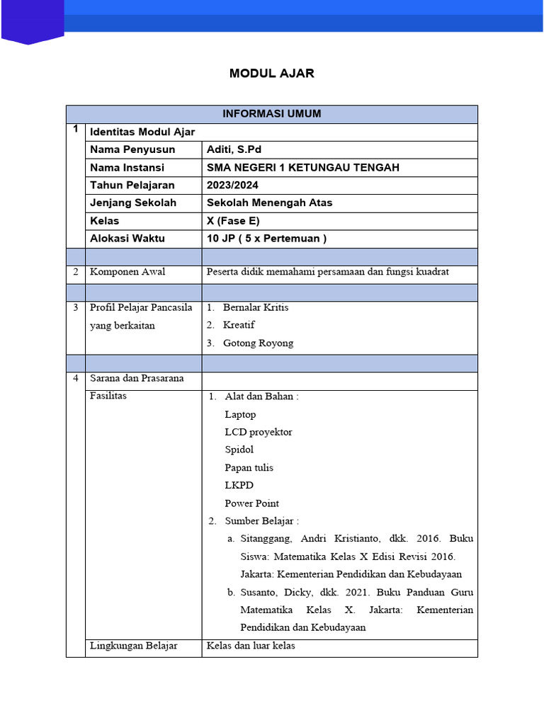 Modul Ajar Matematika - Modul Ajar Persamaan Dan Fungsi Kuadrat - Fase E | PDF