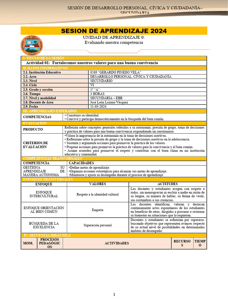 1° SESION ACTV 0. DPCC 2024 León | PDF | Evaluación | Enseñando
