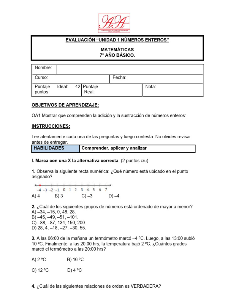 Prueba de Unidad 1 NUMEROS ENTEROS 7 BASICO | PDF | Matemáticas