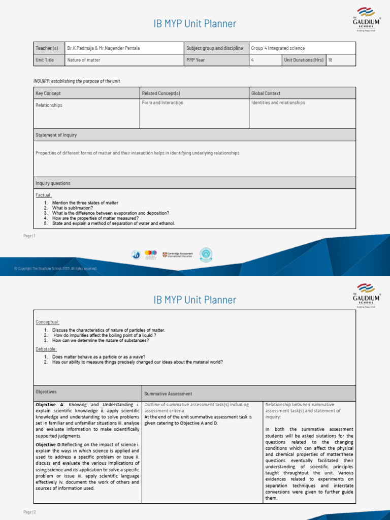 IBMYP-4 Chemistry Unit Plan - Nature of Matter | PDF | Science | Matter