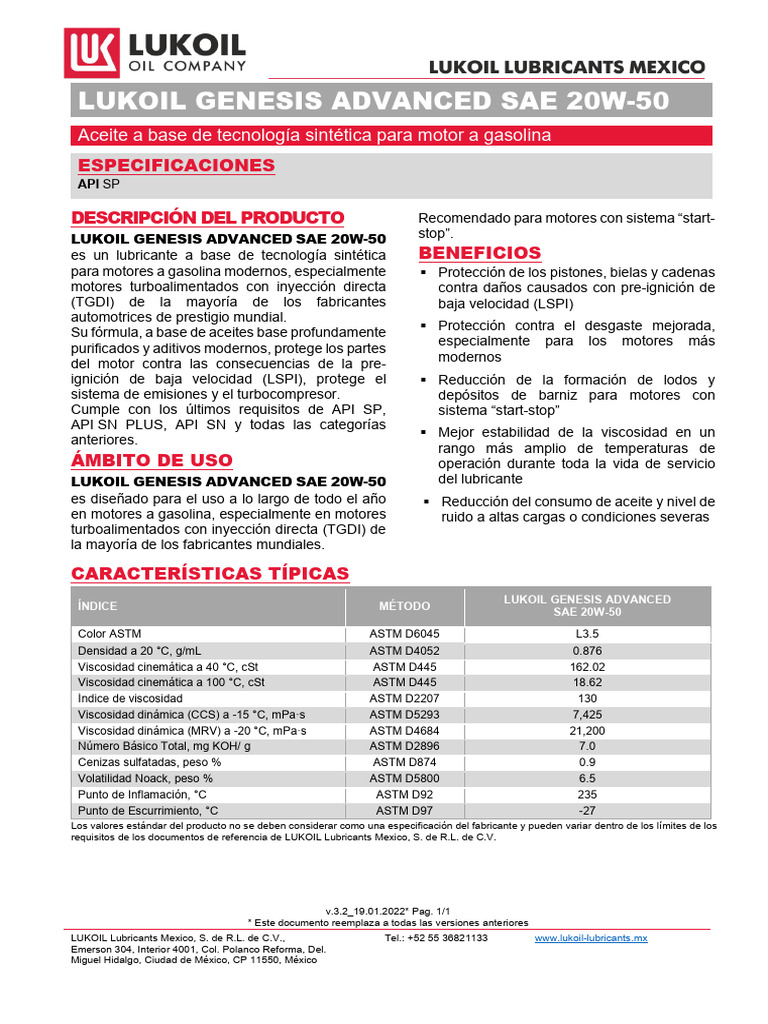 Tds Lukoil Genesis Advanced Sae 20w-50 v.3.2 Esp API SP | PDF | Turbocompresor | Lubricante