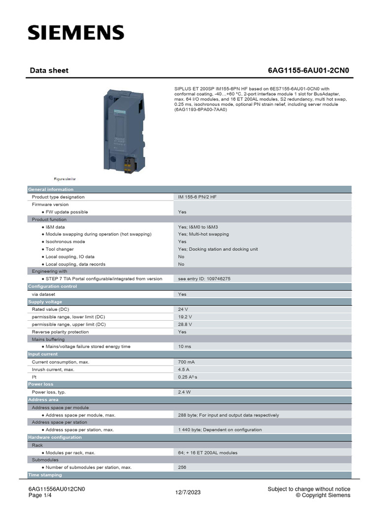 6AG11556AU012CN0 Datasheet en | PDF | Electronics | Physical Layer Protocols