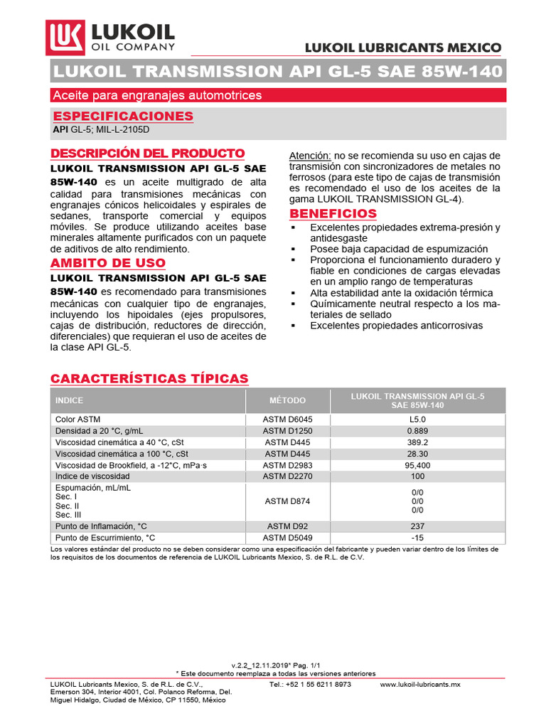Tds Lukoil Transmission Api gl-5 Sae 85w-140 v.2.2 Esp | PDF | Engranaje | Ciencias fisicas