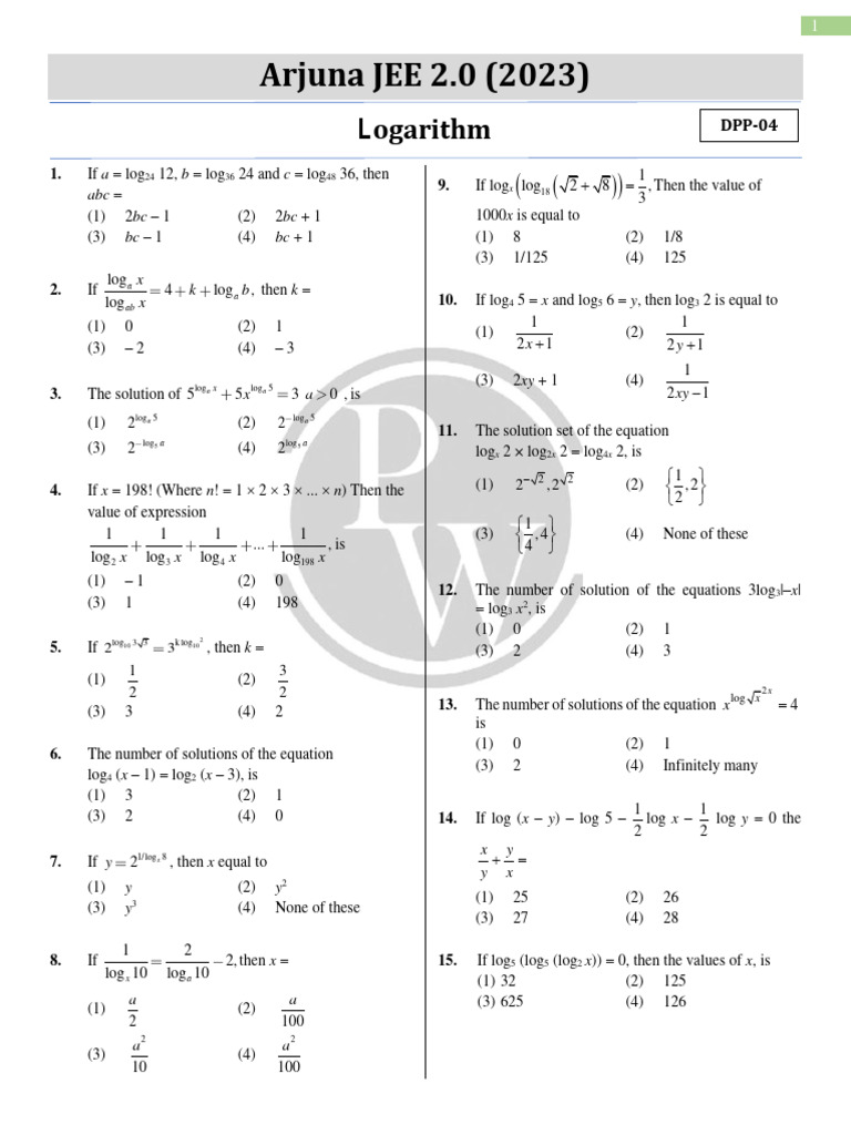 Logarithm - DPP 04 (Of Lec 05) - (Arjuna JEE 2.0 2023) | PDF | Logarithm | Discrete Mathematics