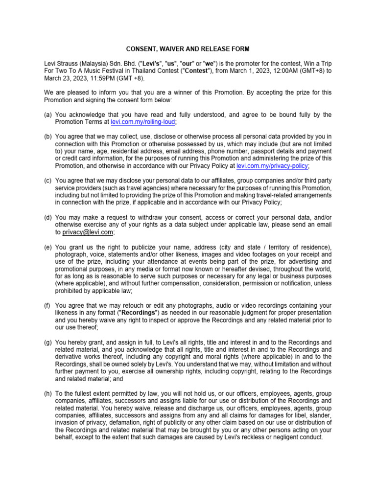 Malaysia-Consent and Release Form - Winner | PDF | Copyright | Consent
