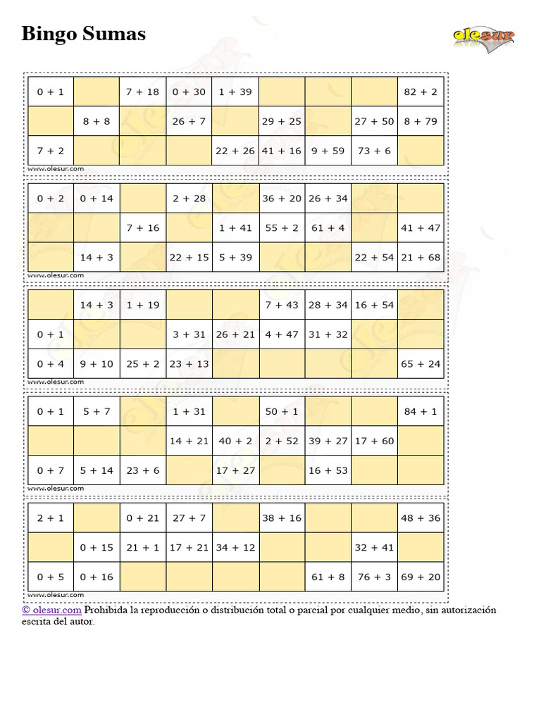 Bingo de Sumas para Imprimir | PDF