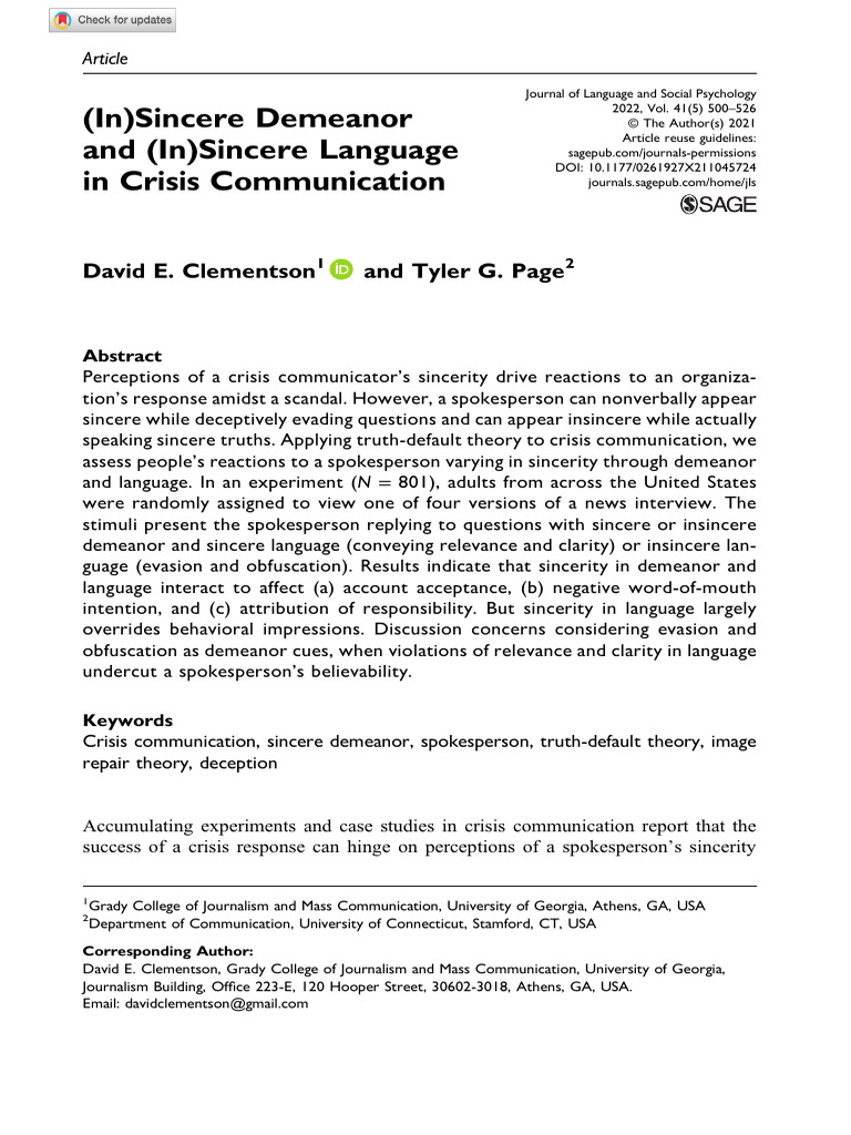 2022 Clementson; (In)sincere demeanor in crisis communication | PDF ...