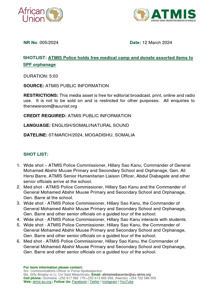 NEWS ARTICLE and SHOT LIST - ATMIS Police Hold Free Medical Camp and ...