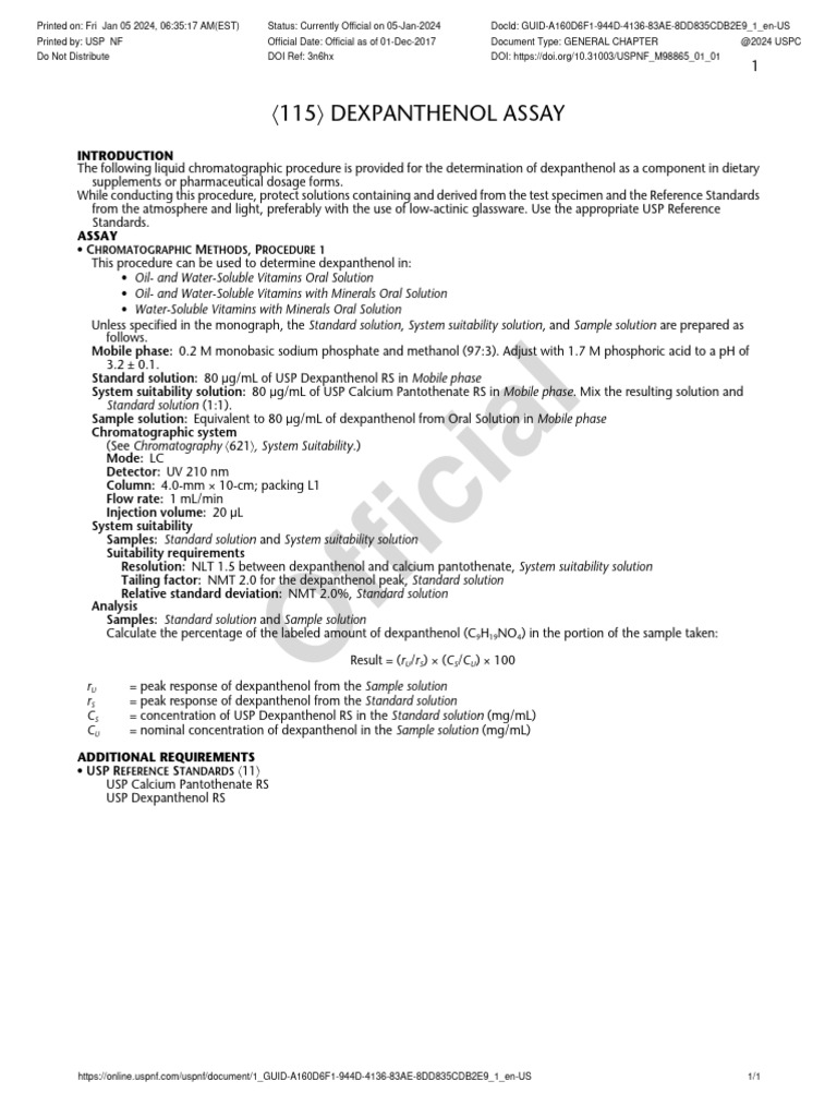 115 Dexpanthenol Assay | PDF | Chromatography | High Performance Liquid ...