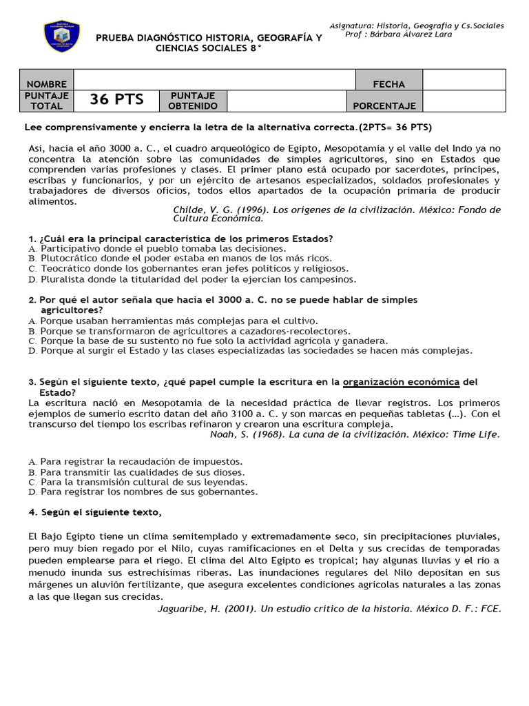 Prueba Diagnostico Historia 8°2023 | PDF | Edades medias | imperio Romano