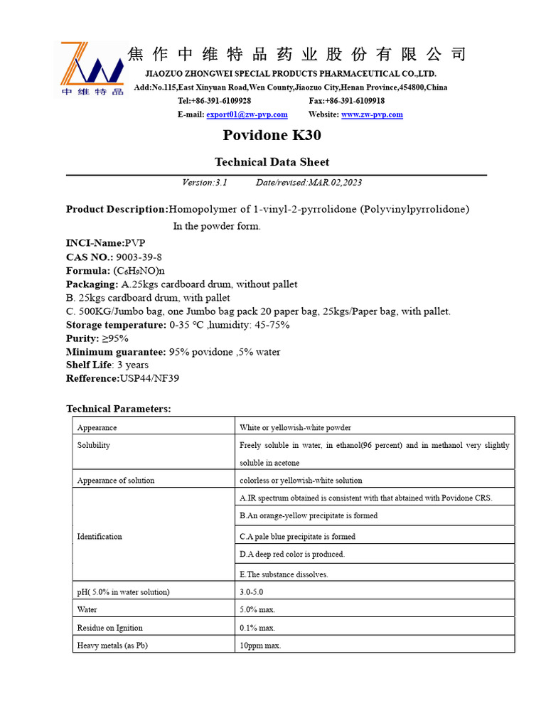 ZW-TDS-Povidone K30 USP44.NF39 | PDF | Chemistry | Chemical Substances