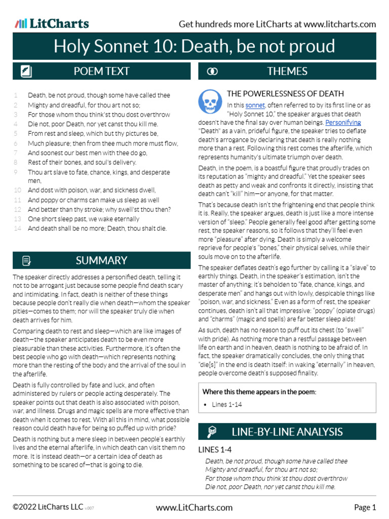Litcharts Holy Sonnet 10 Death Be Not Proud Pdf Poetry
