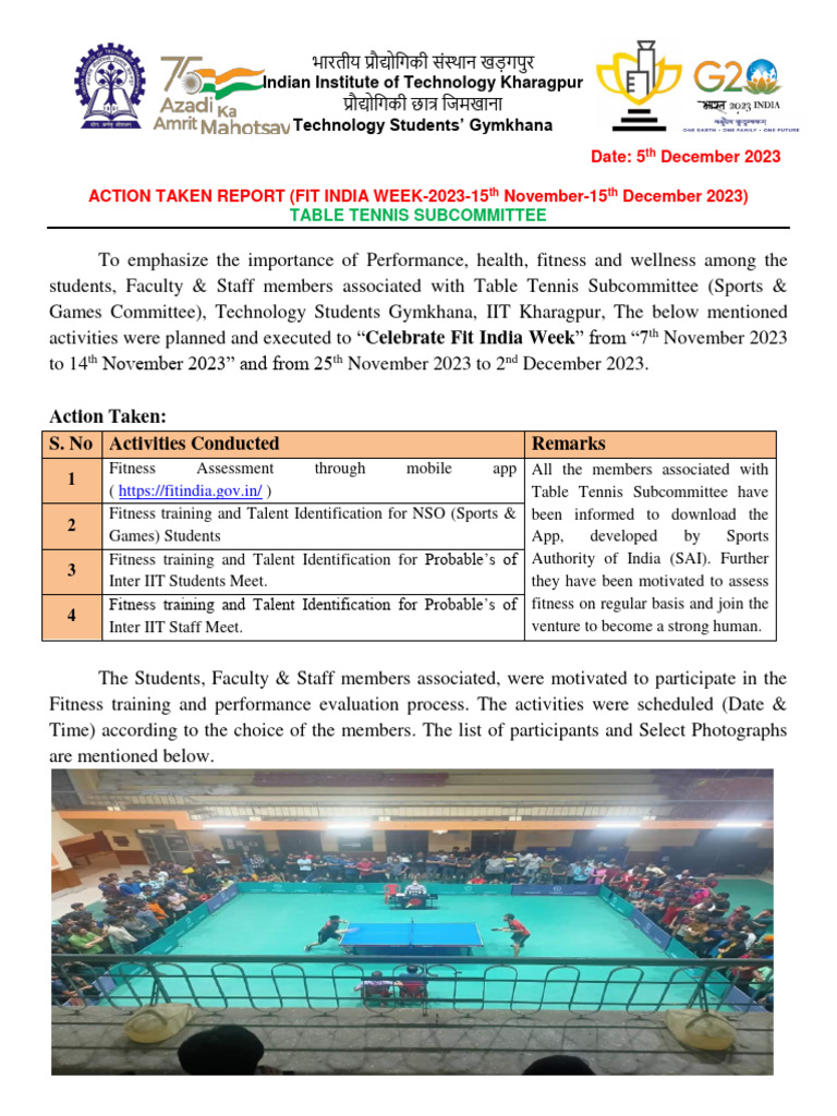 Action Taken Report With Certificate (IIT Kharagpur) - Fit India Week 2023 - Table Tennis ...