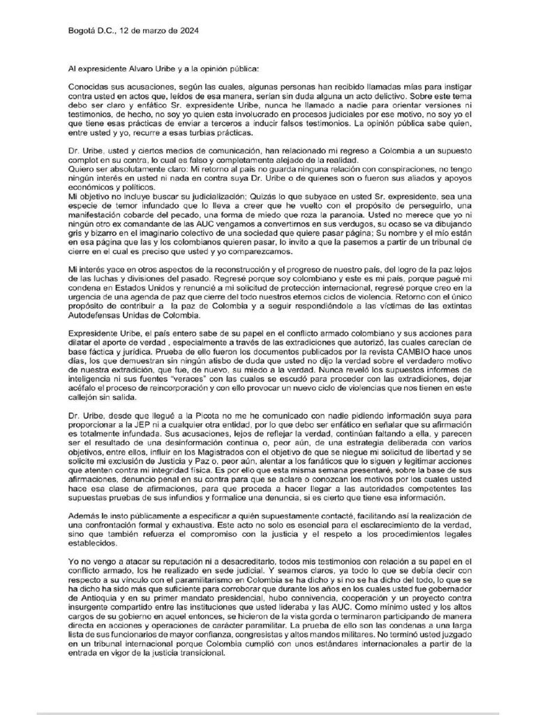 Carta de Mancuso A Uribe - 120324 | PDF