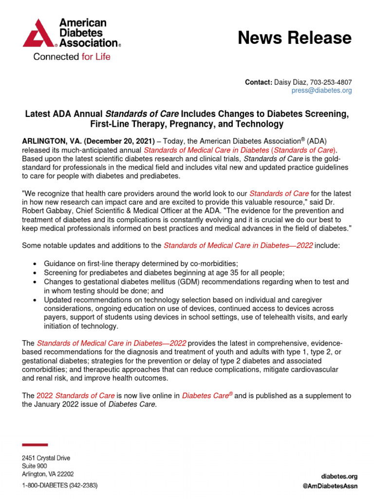2022 ADA SOC Press Release - Final - 1 | PDF | Diabetes | Prediabetes