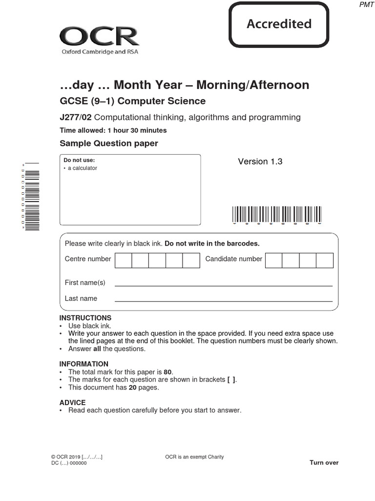 Specimen QP - Paper 2 OCR Computer Science GCSE | PDF | Boolean Data ...