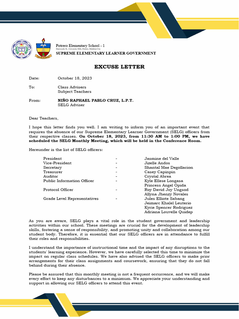 Selg Excuse Letter | PDF