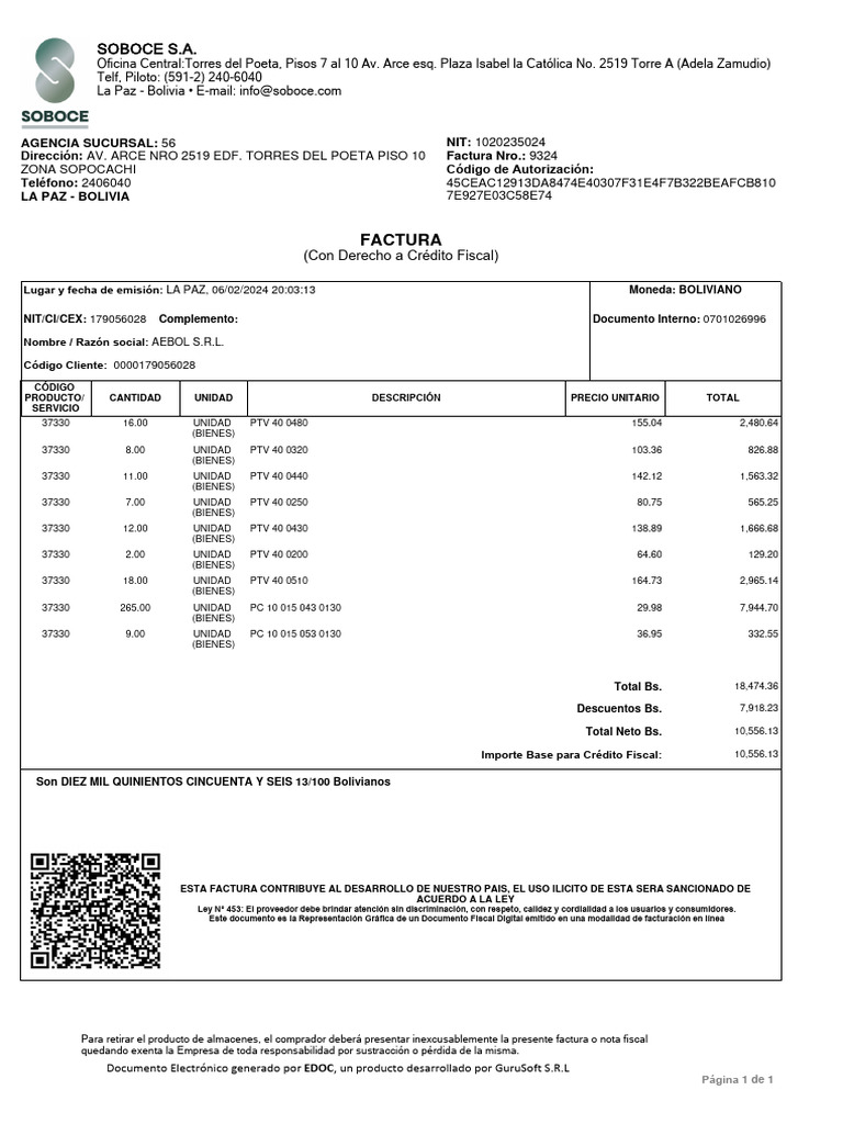 Soboce S.A.: Factura | PDF | Economias