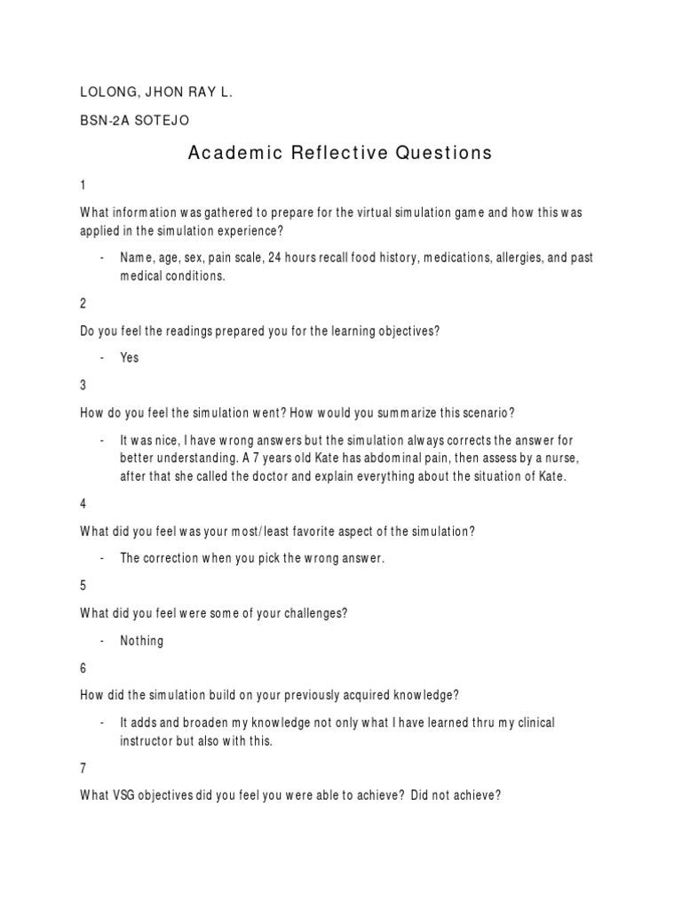 Academic Reflective Questions | PDF | Simulation | Nursing