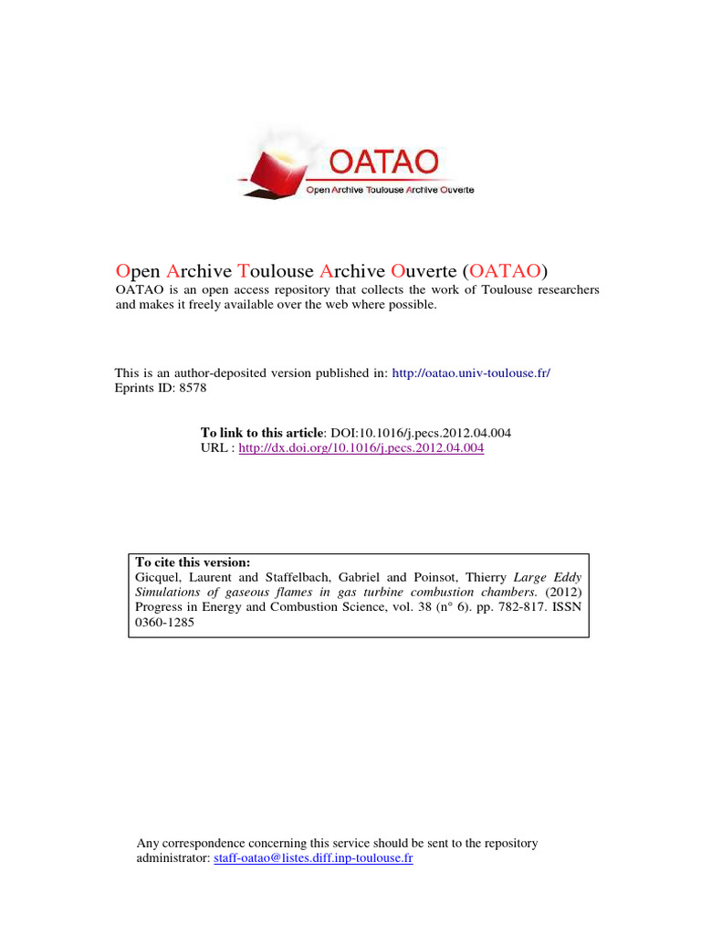 Large Eddy Simulations Of Gaseous Flames In Gas Turbine Combustion Chambers Pdf