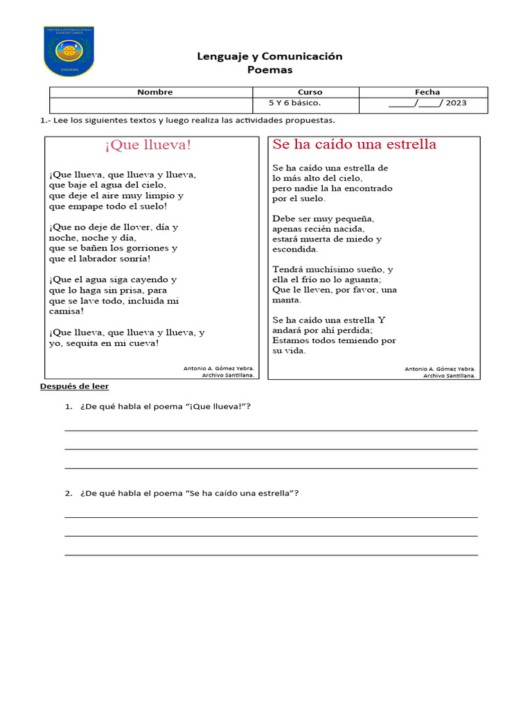 Comprension Lectora 5 y 6 Los Poemas | PDF | Poesía