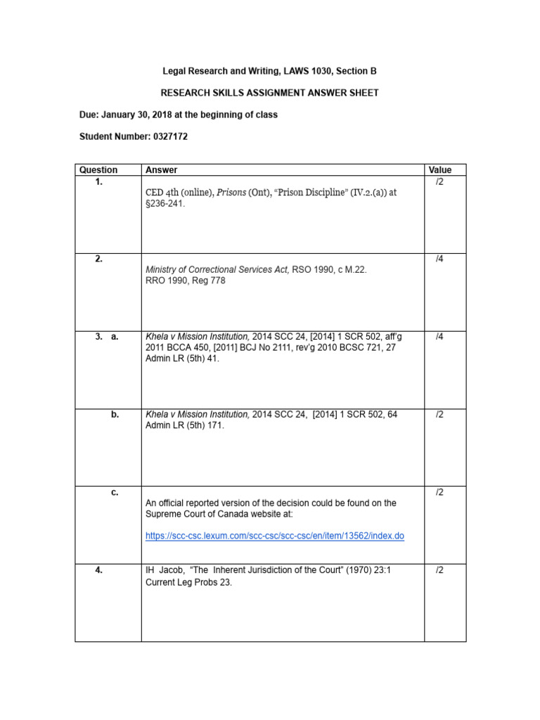 LRW Research Skills Assignment - ANSWER SHEET FOR STUDENTS | PDF ...