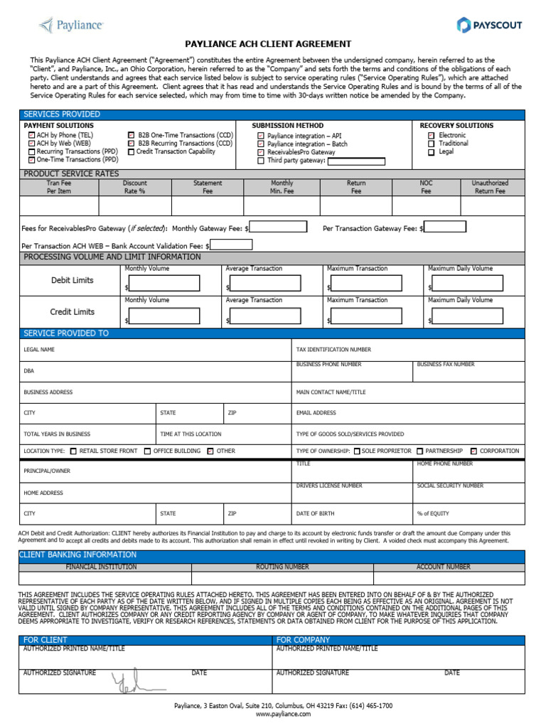 ACH Payliance Application and Agreement 2022 (1786) | PDF | Debit Card ...