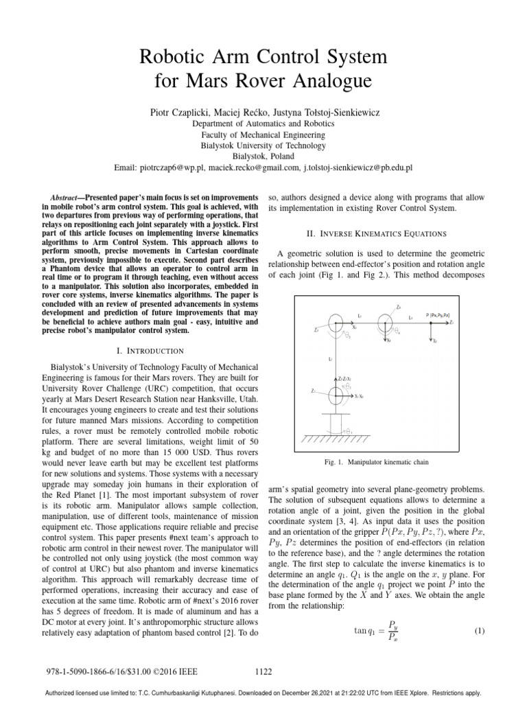 Robotic Arm Control System For Mars Rover Analogue | PDF | Robotics | Rover (Space Exploration)