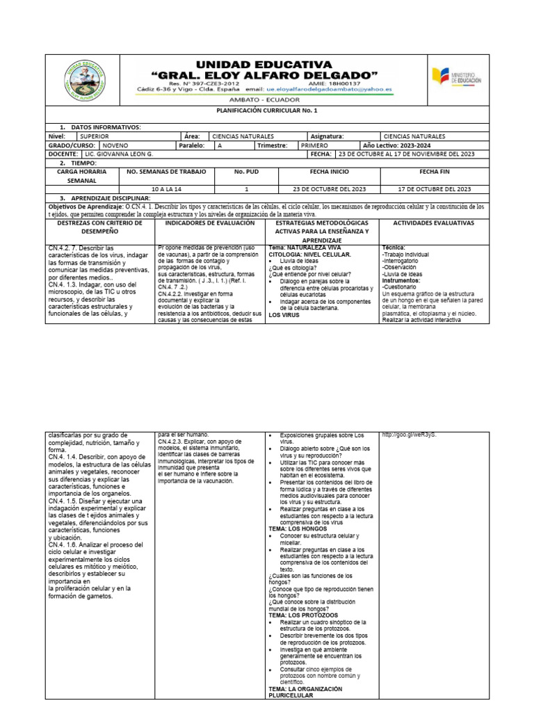 Plan 9no N 1 CCNN | Descargar gratis PDF | Biología Celular) | Virus