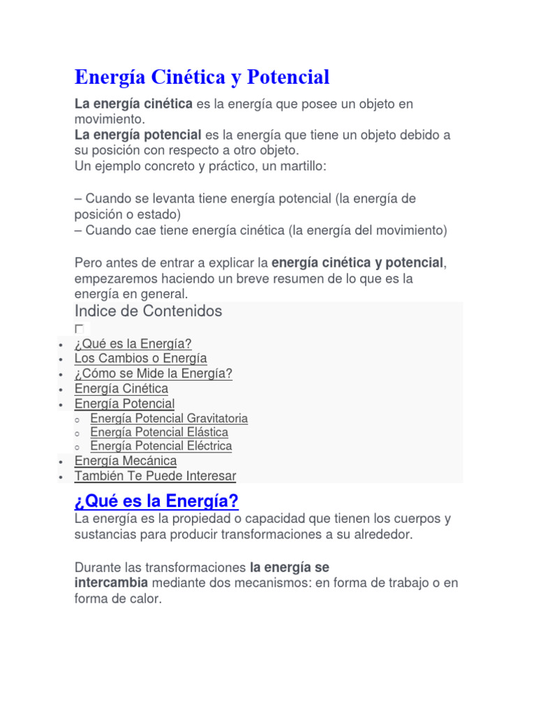 Energía Cinética y Potencial | PDF | Energía potencial | Electricidad