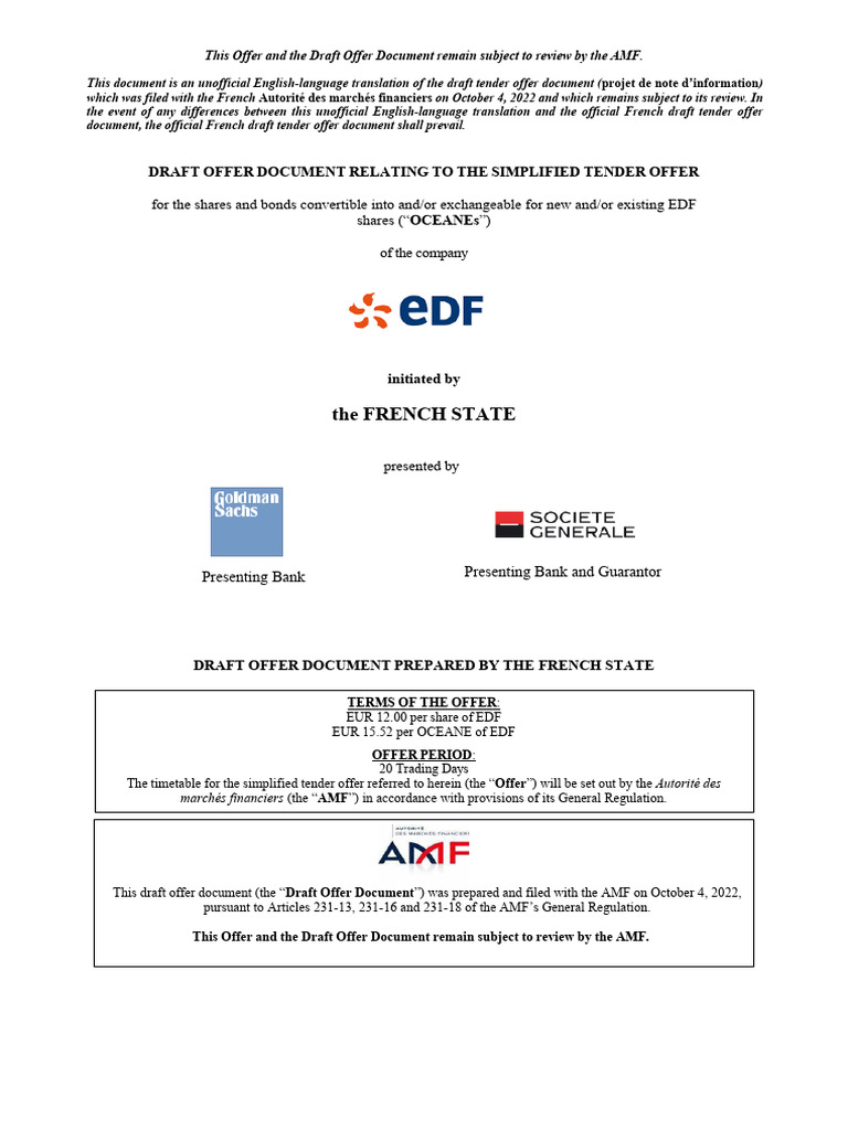 Etat Edf 2022 10 04 | PDF | Dividend | Offer And Acceptance