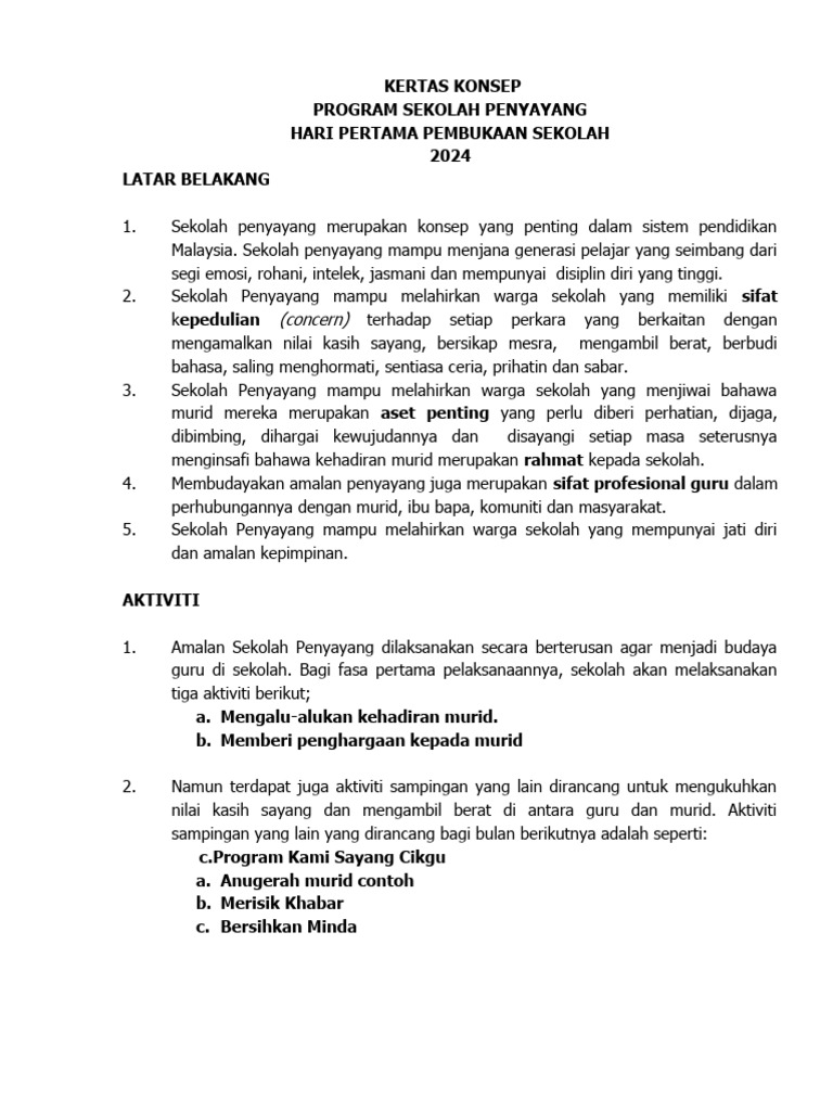 Kertas Kerja Program Sekolah Penyayang Hari Pertama Persekolahan | PDF